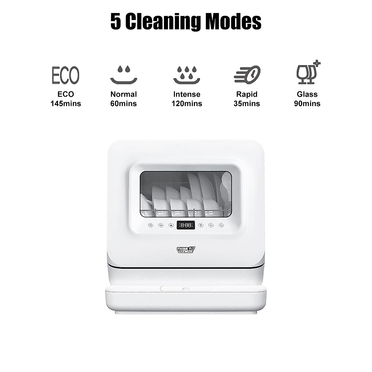 Think Gizmos Counter Top Dishwasher with Water Tank 7.5L - No Hookup Required. Compact Dishwasher with 5 Programmes, Drying Cycle, Touch Controls