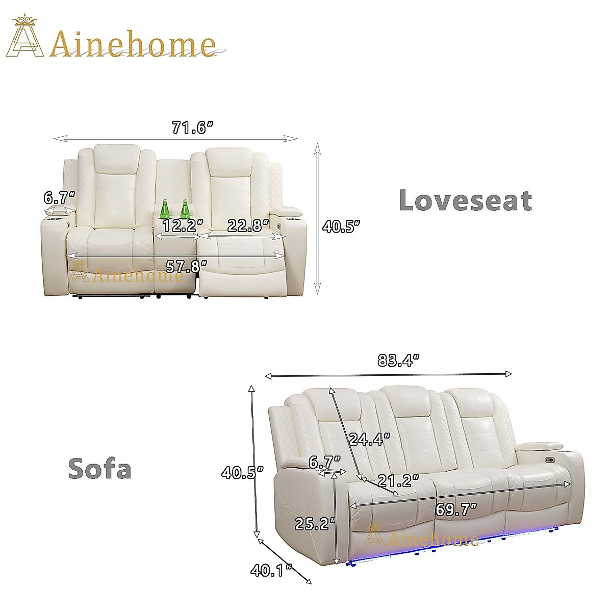A Ainehome Power Leather Recliner Sofa Set with LED Lights, Recliner Sofa Sectional Couches for Living Room, Reclining Sofa and loveseat with USB Port/Storage Console(Creamy White,Sofa+loveseat)