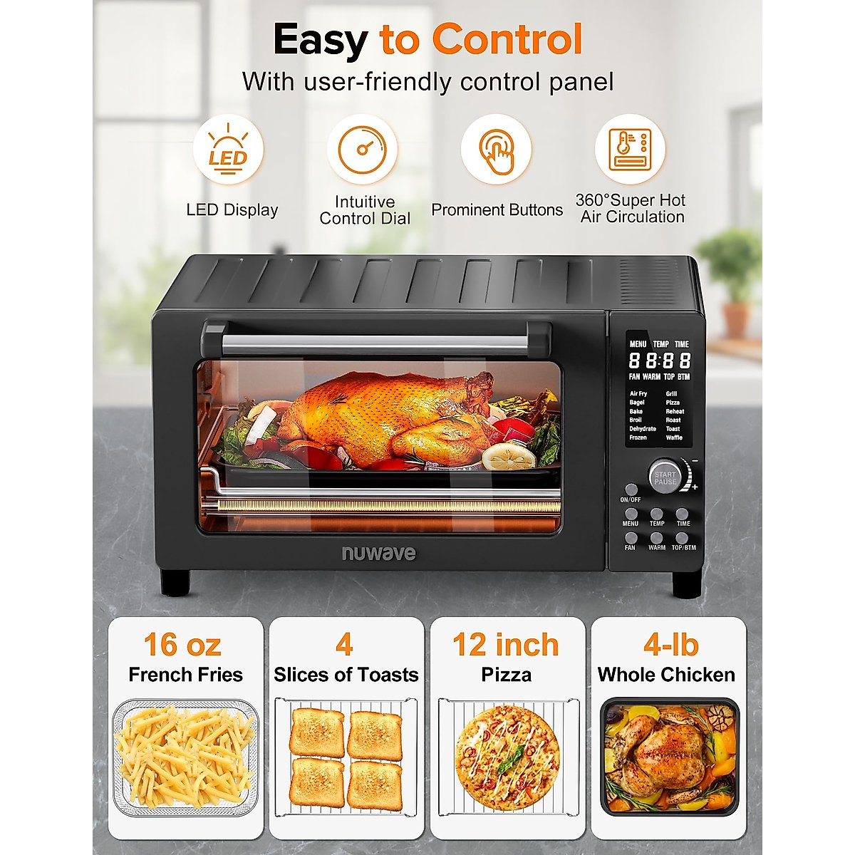 Nuwave Bravo Pro Smart Air Fryer Toaster Oven Combo, Airfryer Convection Oven Countertop, 12-in-1 Functions with Quicker & Even Crisp Technology, 1800W, 50-450°F, PFAS-Free, 21QT, Black