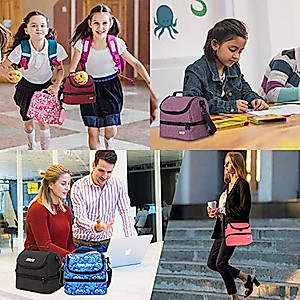 MIER 2 Compartment Kids Small Lunch Box Bag for Boys Girls Toddlers, Adult Leakproof Cooler Insulated Lunch Tote with Shoulder Strap (Pink Flower)