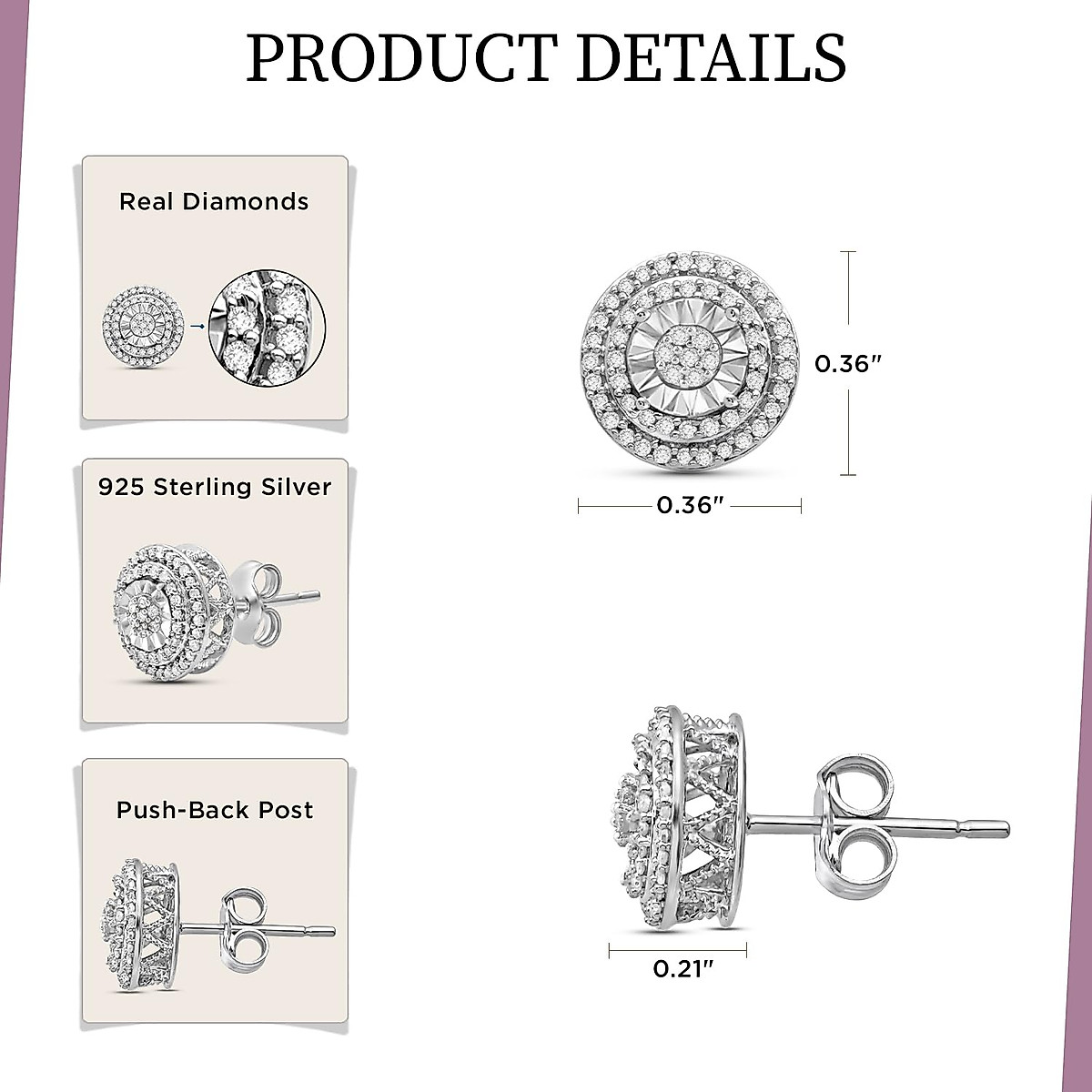 Jewelili Sterling Silver Round Diamond Stud Earrings, 1/4 cttw