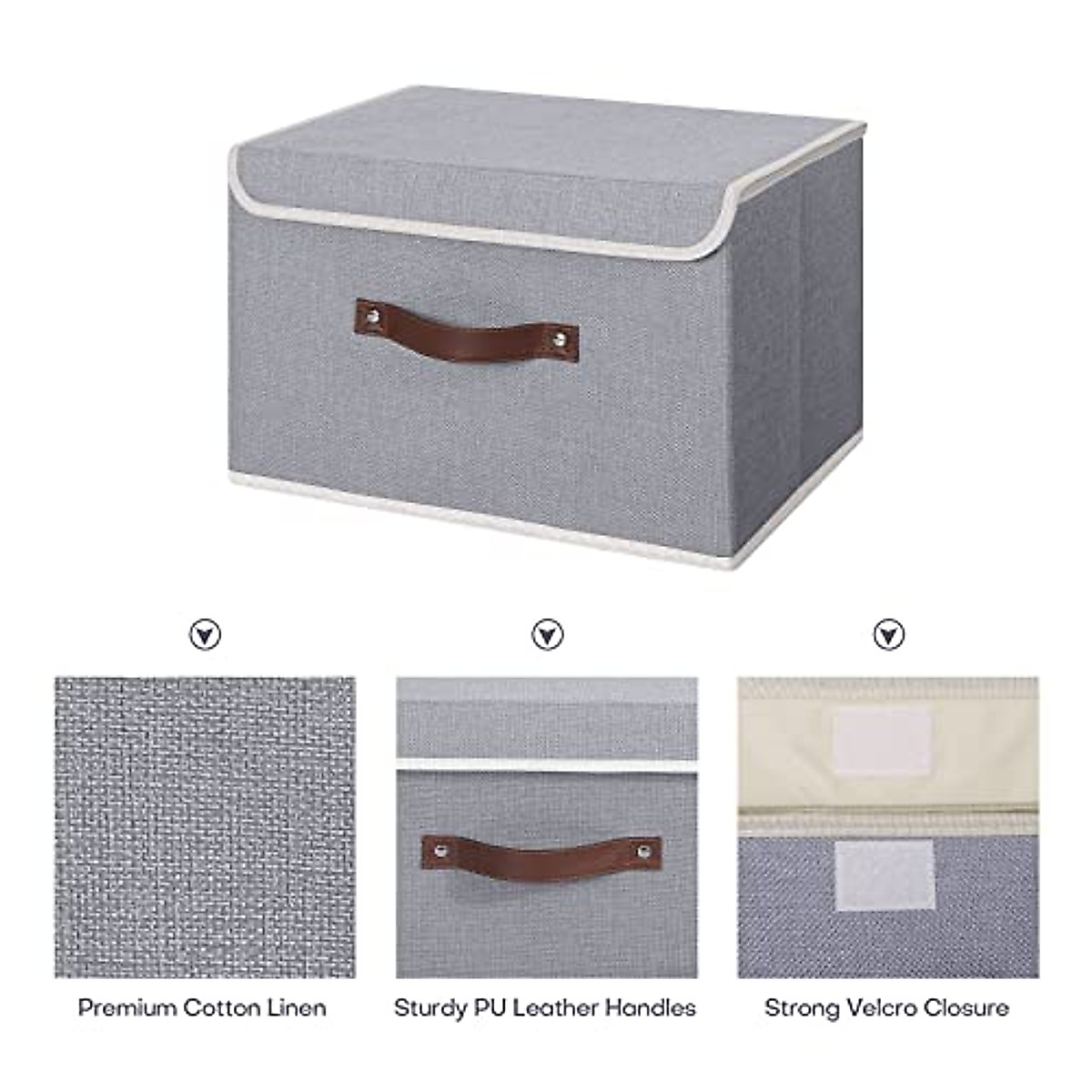 ANMINY Storage Bin with Lid Storage Boxes with PU Leather Handles PP Plastic Board Decorative Foldable Lidded Cotton Linen Fabric Home Cubes Baskets Closet Organizer Container - Gray, Large Size