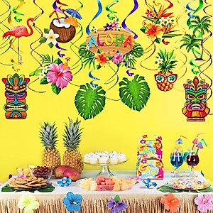 Luau Aloha Party Hanging Swirl Decorations Hawaiian Tropical Flower Palm Flamingo Sign Foil Ceiling Decor for Birthday Floral Tropical Party Summer Beach Pool Party Tiki Party Supplies 36pcs