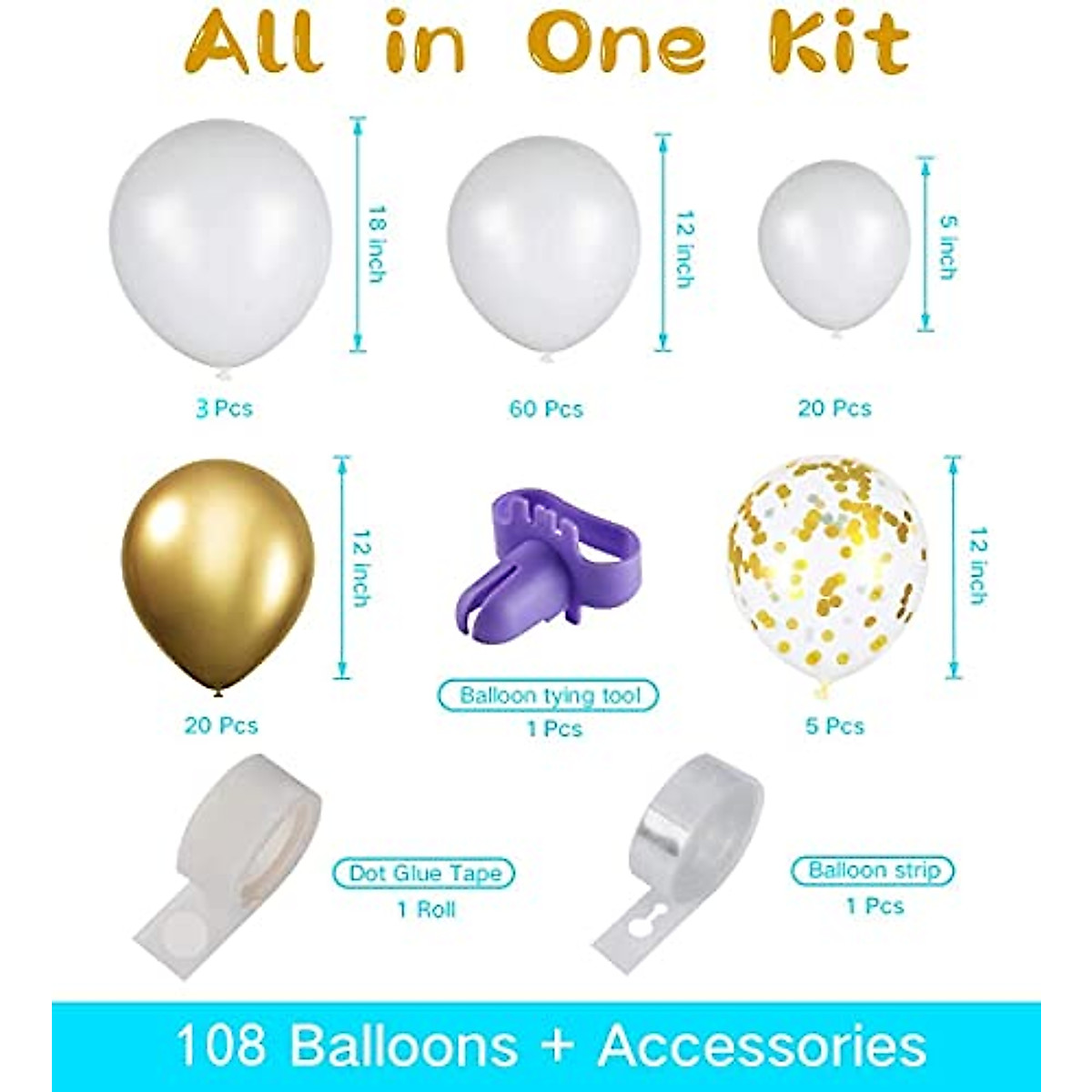JOYYPOP White Balloon Garland Kit, 108Pcs White and Gold Balloons Arch Garland Kit Gold Confetti Balloons Metallic Balloons for Birthday Wedding Bachelorette Engagements Baby Shower Decorations