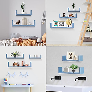 AJP Distributors Blue Wall Mounted Shelf U-Shaped Floating Shelves Home Decoration Book DVD Storage Display Unit MDF Laminate Solid Wood Set of 3 Sizes For Bathroom Bedroom Living Room Kitchen Office