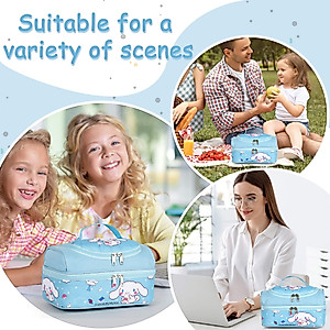 Cute Lunch Bag with Stickers - Cartoon Foldable Double Lunch Bag Large Compartment Lunch Tote Bags Insulated lunch box Bag for Work Travel School