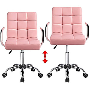Yaheetech Desk Chairs with Wheels/Armrests Modern PU Leather Office Chair Height Adjustable Home Computer Executive Chair on Wheels 360° Swivel - Pink