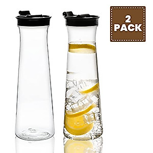 Clear Plastic Water Pitchers Carafes with Flip top Black Lids 34 OZ Heavy Duty Beverage Pitcher Jug for Juice or iced Coffee Great for Mimosa bar Restuarants ot Schools Pack of 2