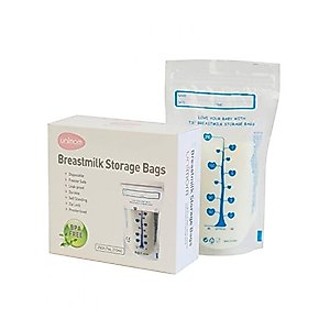 Unimom 60 Breast Milk Storage Bags - Self Standing, Freezer Safe, Leak Proof Zip Top Closure, Pre Sterilized, BPA Free, Marked Measurements – 7oz – by Unimom