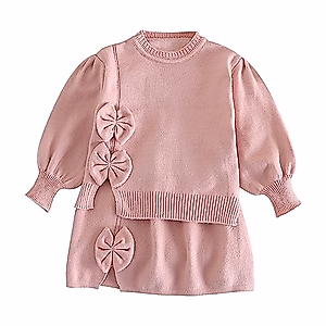 AwarFy Infant Toddler Girls Long Sleeve Sweet Bow Sweater Two Piece Set Fashion Preppy Knit Two Dresses (RD2#7, 5-6 Years)