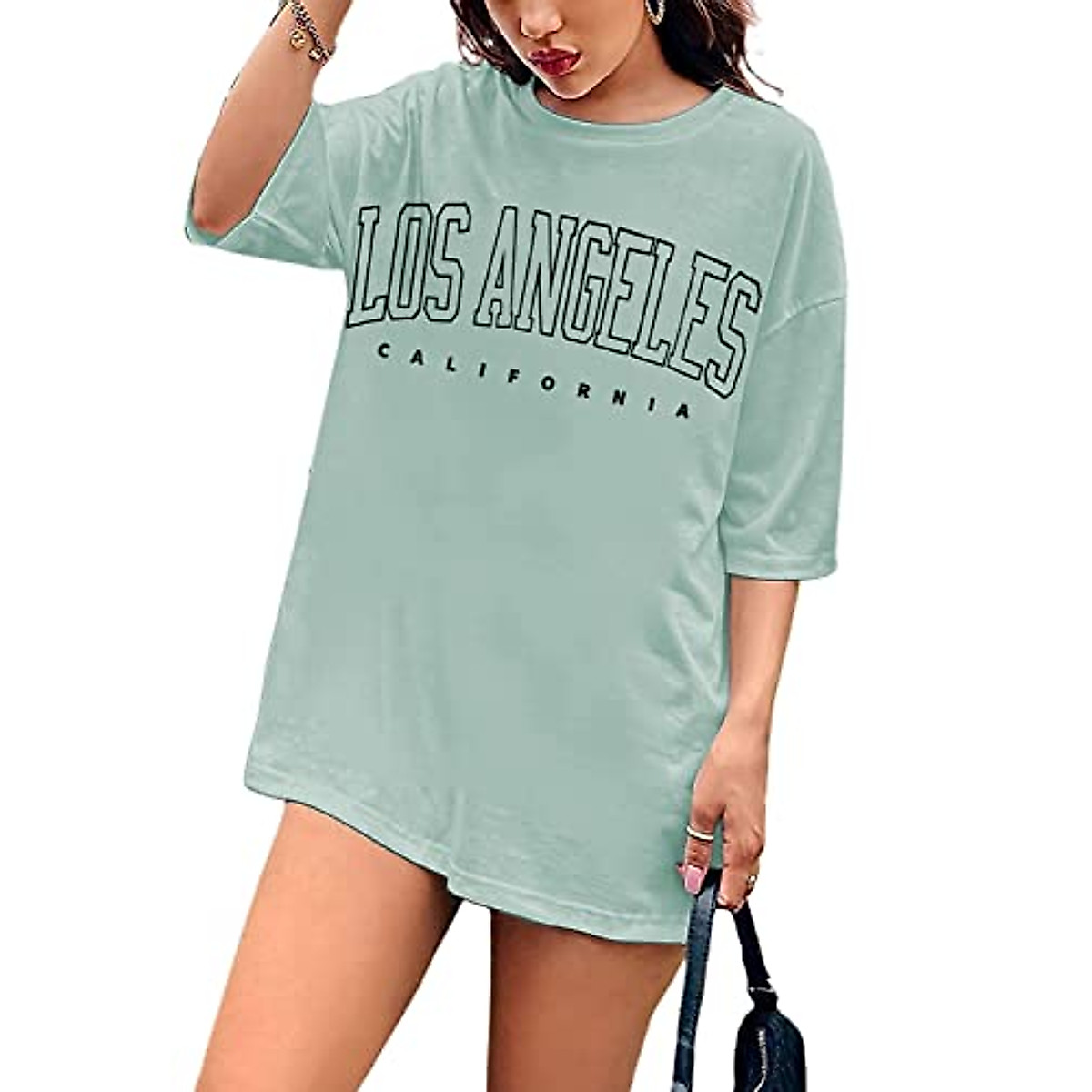 Avanova Women's Los Angeles Print Short Sleeve Oversized Tee Casual Loose T Shirt A Green X-Large