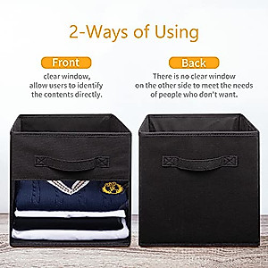 6 Pcs Foldable Fabric Storage Cubes, 11 Inch Cube Storage Bins, Cubby Storage Bins, Shelf Baskets with 2 Durable Handles and Clear Window, for Clothes, Toys, Books, Closet, Shelf, Kids Room, Black