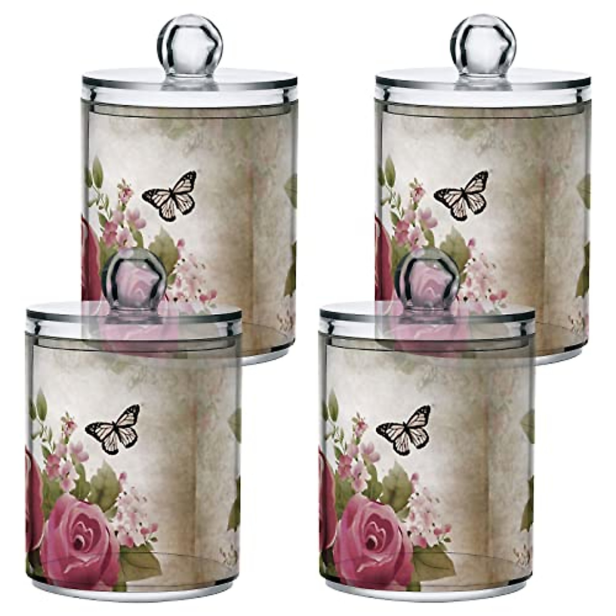 ALAZA 2pcs Vintage Rose Flower Butterfly Qtip Holder Dispenser 14 oz Bathroom Storage Clear Apothecary Jars Containers Cotton Ball,Cotton Rounds,Floss Picks, Hair Clips, Food