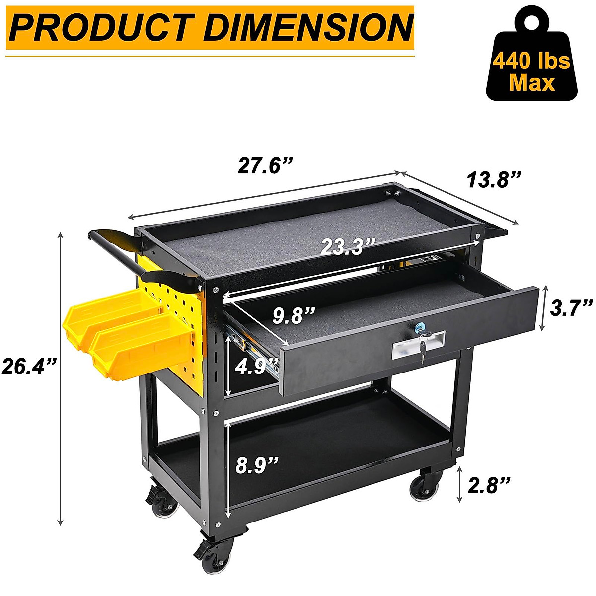 T-HAKEN 3-Tier Rolling Tool Cart with Drawer (Keyed) - Black and Yellow Tools Box Cabinet on Wheels.