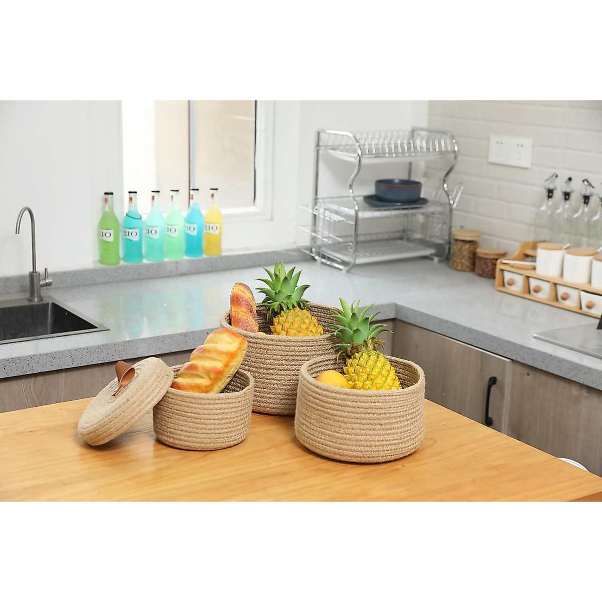 Cottonphant Set of 3 Stylish Round Woven Baskets with Lids - Elegant Storage Solution for Home Decor and Organization - Compact Shelf Baskets (Jute, 10"x6"-8"x5"-6"x4")