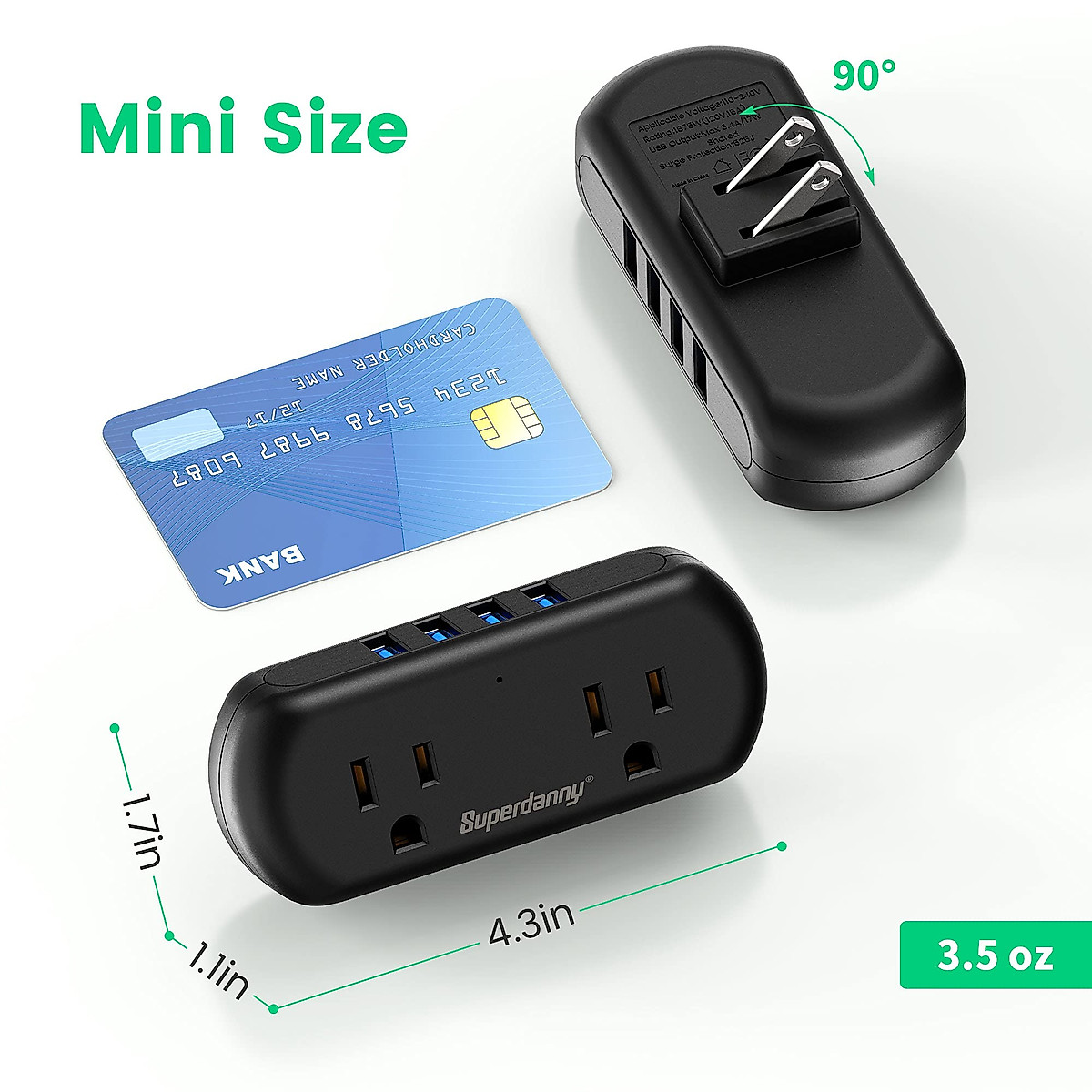 SUPERDANNY Mini Surge Protector with 2 Wide-Spaced Outlets & 4 USB Ports, Compact Size, Multi-Plug Outlet Extender for Travel, Home, Office, Black