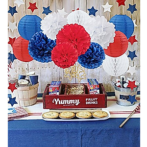 Labor Days Party Decorations Veterans Day Party Decorations Patriotic Decorations Navy White Red Tissue Pom Poms Paper Lanterns Paper Honeycomb Ball Blue Red White Paper Star Garland Party Supplies