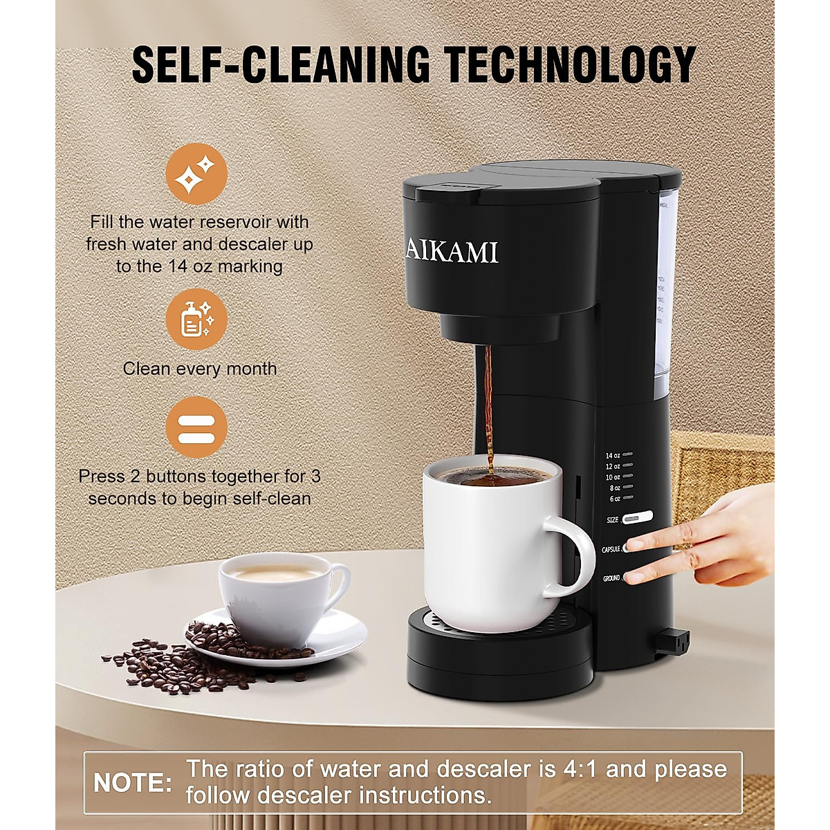 AIKAMI Single Serve Coffee Maker for K Cup & Ground Coffee with Milk Frother, 6 to 14 Oz Brew Sizes, Auto-Off Coffee Machine with Water Reservoir