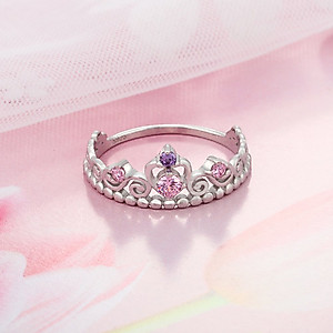 Furious Jewelry 925 Sterling Silver Princess Heart Crown Pink & Purple CZ Band Ring, Size 6 7 8 (6)
