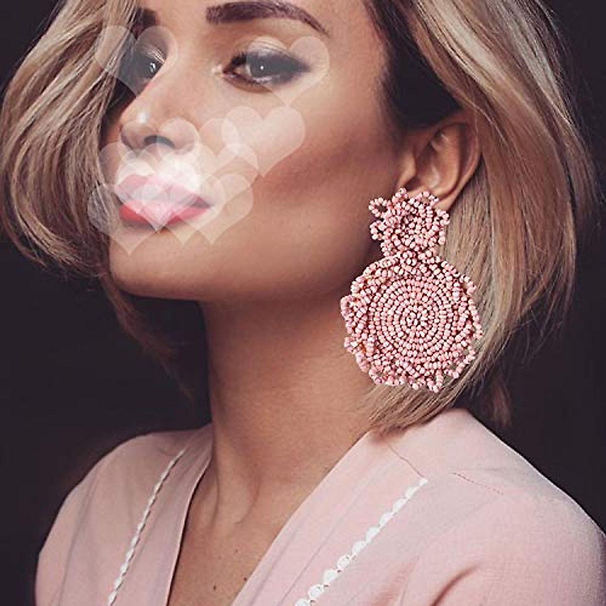 Statement Drop Earrings Pink Bohemian Beaded Round Dangle Earrings Gift for Women