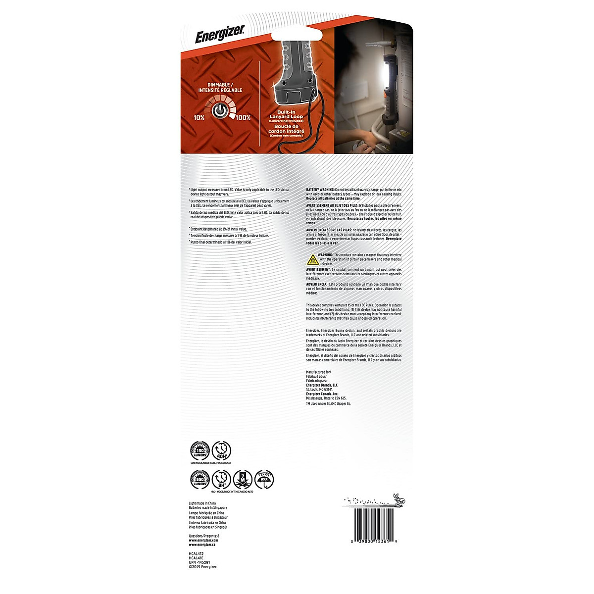 Energizer HC-550 LED Flashlight, Water Resistant LED Magnetic Work Light, Flash Light with AA Batteries Included, Pack of 1