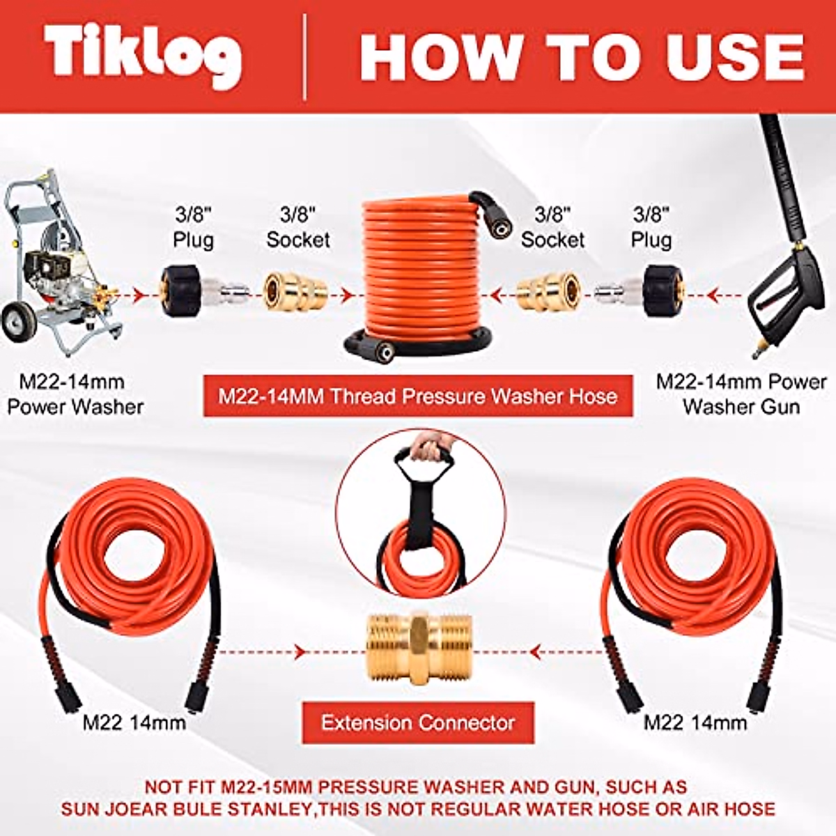 Pressure Washer Hose 1/4”, 4000 PSI Ultra Flexible Kink Resistant Replacement Hose M22 14mm Thread, High Pressure Extension Hose with 3/8 Quick Connect Adapters for Power Washing