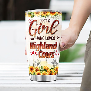 JENOIS Just A Girl Highland Cow, Tumbler 20 Oz With Lid And Straw, Highland Cow Gifts, Sunflower Flower Cups Floral
