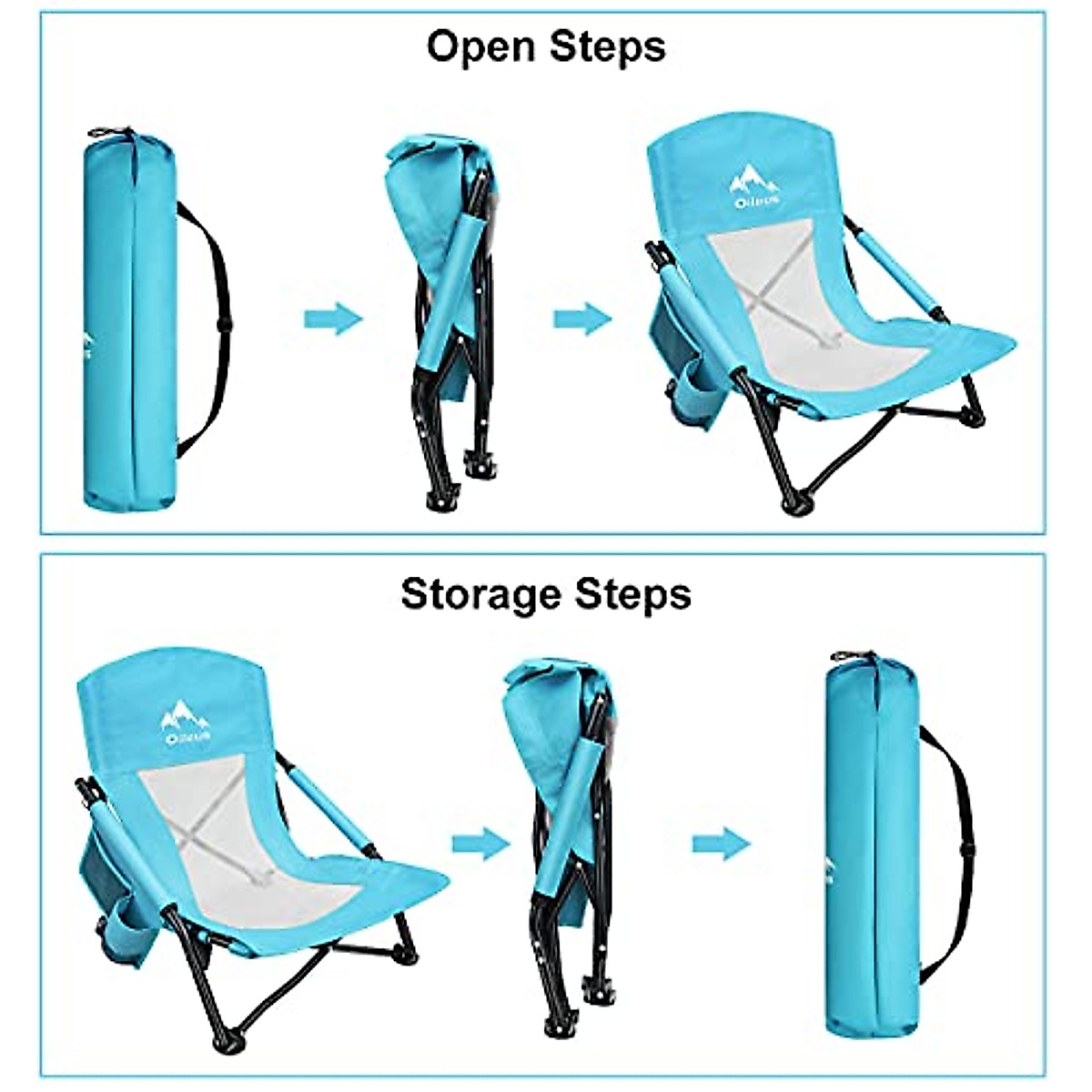 Oileus Low Beach Chair for Beach Tent & Shelter & Camping | Outdoor Ultralight Backpacking Folding Recliner Chairs with Cup Holder and Storage Bag, Carry Bag, Breeze Mesh Back, Compact Duty Blue 1 Pcs