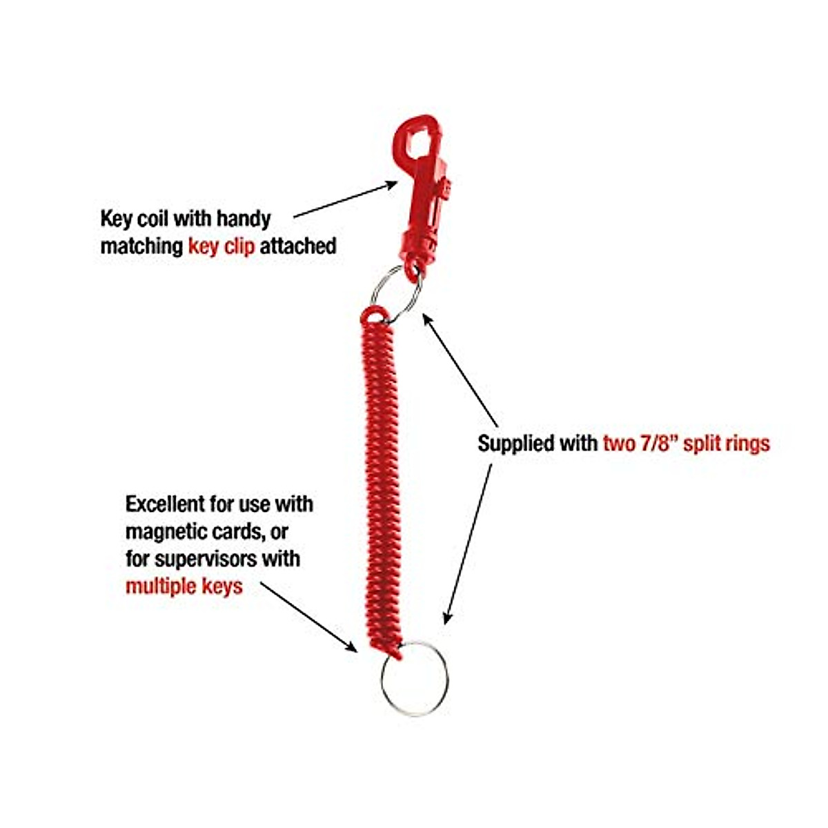 Lucky Line Designer Key Coil with Plastic Key Clip for Backpacks, Purses, Gym Bags, Belts, Casinos, Party Favors, Stocking Stuffers, Back to School -Red, 10 Pack (41670)