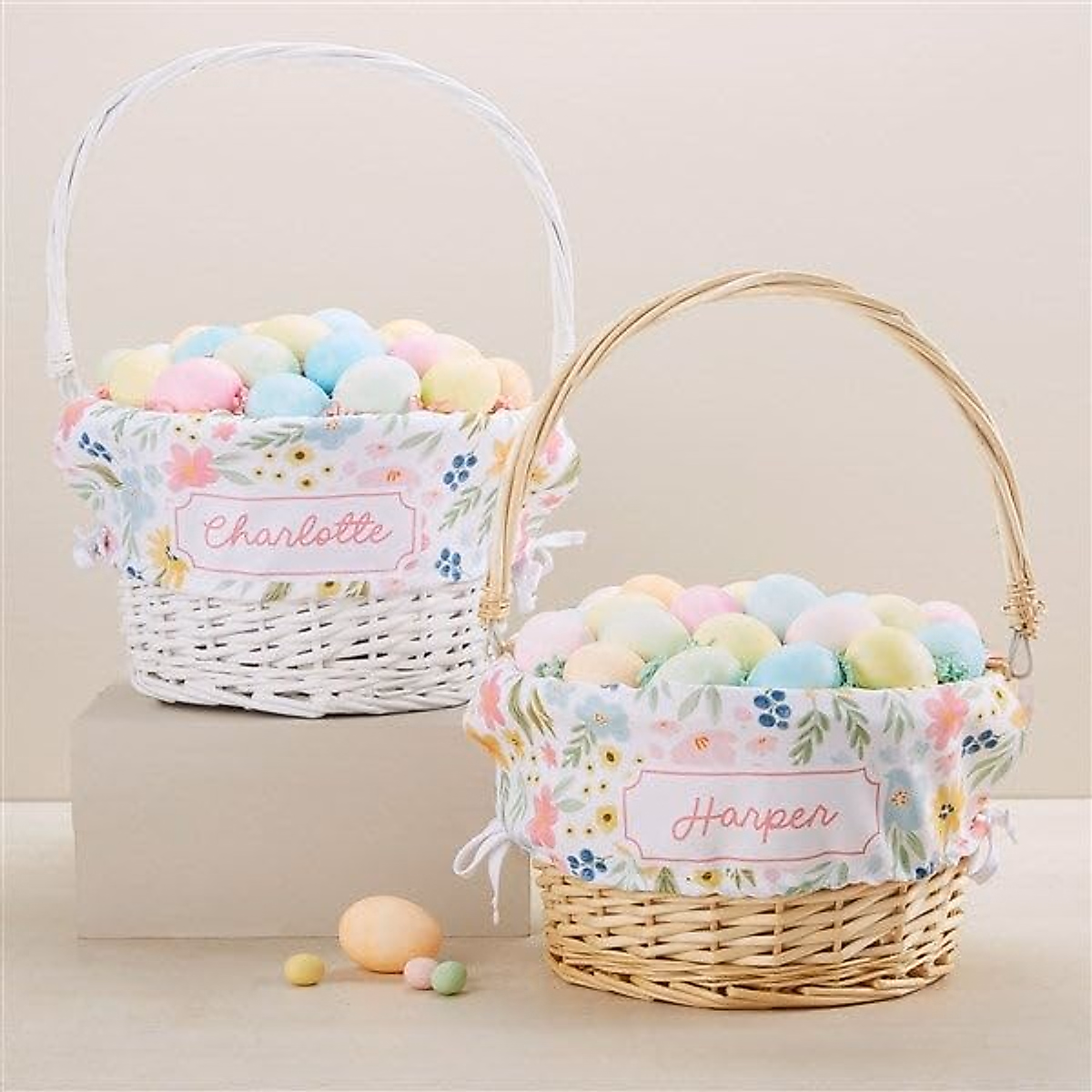 Personalization Universe Personalized Easter Flowers Hand-Woven Easter Basket with Folding Handle, Baby's First Easter, Perfect for Basket Stuffers, Girls - Natural