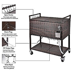 HOSFO 80 Quart Outdoor Rolling Patio Cooler Cart on Wheels, Portable Wicker Ice Chest, Rattan Beverage Bar for Patio Deck Party, Drink Cooler Cart with Bottle Opener, Cutting Board, Cover (Brown)