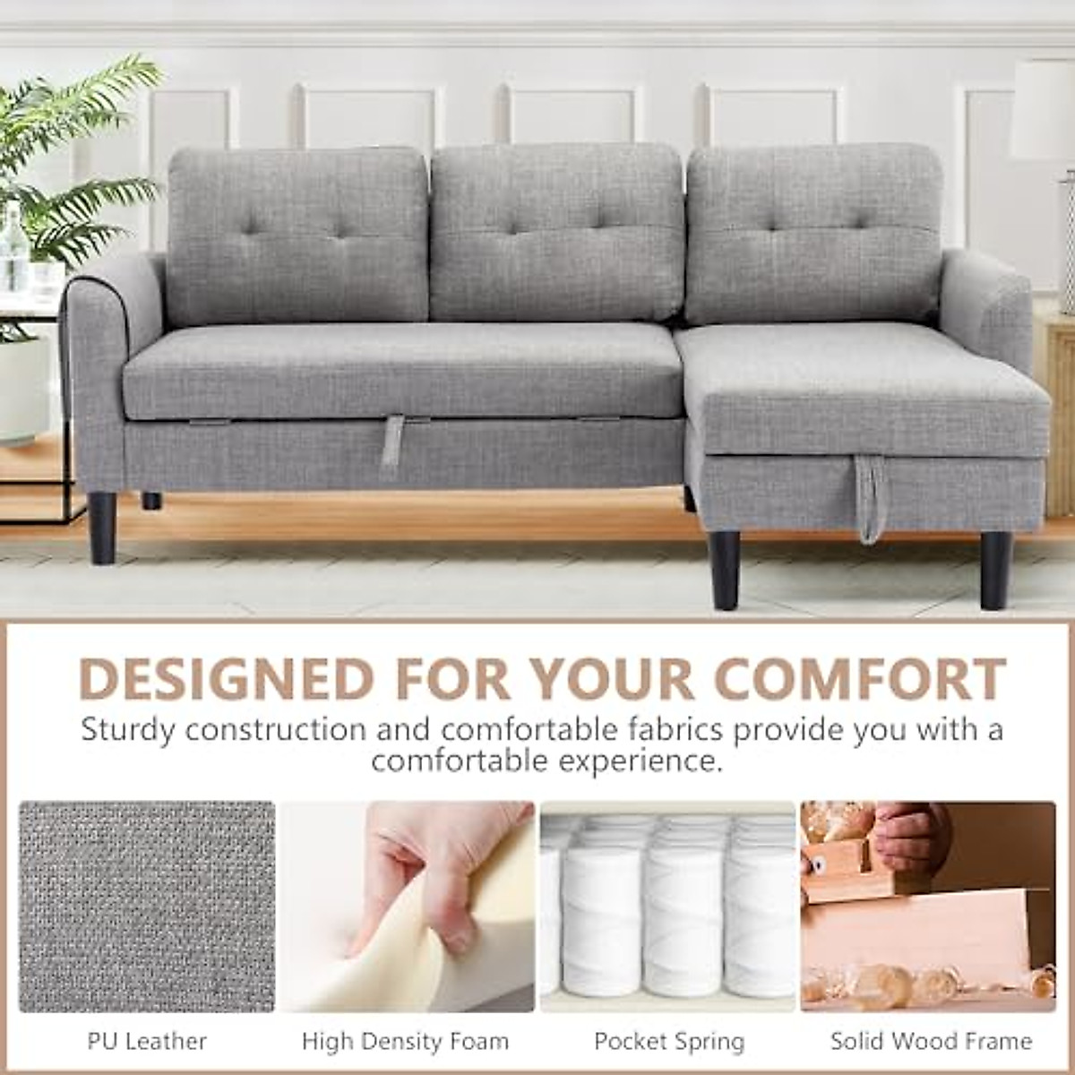 HUMEHA Convertible Sleeper Sofa, Linen Reversible Sleeper Sectional Sofa with Storage Chaise, Modern Upholstered Pull Out Sofa Bed, L Shaped Sofa Couch for Living Room Bedroom, Light Gray