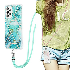 Samsung Galaxy A52 Phone Case,SZYZ Lady's Plating Marble TPU Bumper Protective Case with Removable Portable Lanyard and Screen Protector Function for Samsung Galaxy A52 YBGS Blue