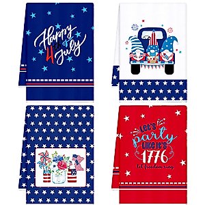 Geyoga 4 Pcs 4th of July Kitchen Dish Towel American Flag Hand Towel Patriotic Star Stripe Decorative Dishcloth White Blue Red Dish Towels for Memorial Independence Day (Bright Color,Gnome Truck)