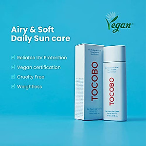 [TOCOBO] BIO WATERY SUN CREAM SPF50+ PA++++ 1.69 fl oz / 50ml | Watery Texture, Soft Finish, Powerful UV Protection, Natural Ingredients, Hyaluronic Acid, Moisturizing, Elasticity | EWG Green + PEG Free, Korean Vegan Sunscreen for Face