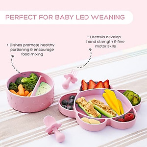grabease Baby Essentials Must-Haves - Complete Feeding Set for Baby-Led Weaning and Portion Control - Suction Bottoms 4 Piece Set, BPA and Phthalates-Free, Blush