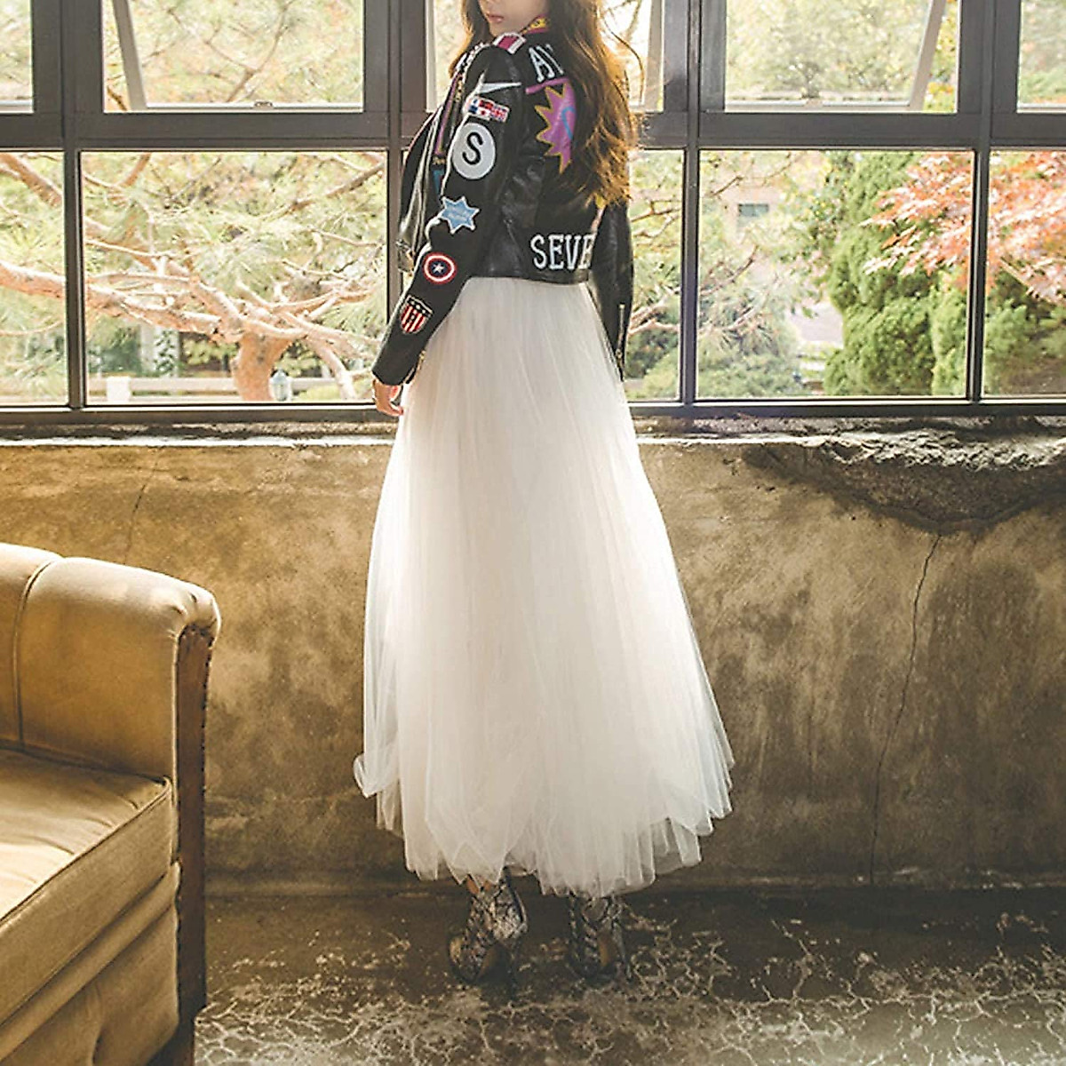 LBKKC Women's Midi Tulle Skirt Elastic Waist 3 Layered Mesh Formal Prom Party Tutu Skirt A Line(L,Off White)