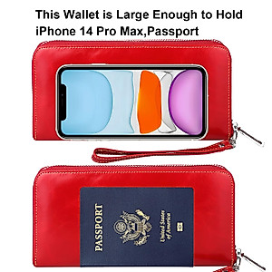 Lavemi Women's RFID Blocking 100% Leather Large Capacity Zip Around Wallet Phone Holder Clutch Travel Purse Wristlet(Large Size Red)