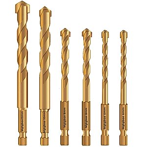 【 New 】 6pcs Golden Masonry Drill Bits Set, Mgtgbao Ceramic Tile Drill Bits Carbide Tip for Glass, Brick, Tile, Concrete, Plastic and Wood with Size 6mm(1/4”), 8mm (5/16”), 10mm (3/8”), 12mm (1/2”).