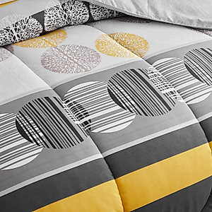 Stripes Bed in a Bag Queen Size 7 Pieces Black Gray Yellow Comforter Sheet Set with Circles All Season Bed Comforter Set (1 Comforter 2 Pillow Shams 1 Flat Sheet 1 Fitted Sheet 2 Pillowcases)