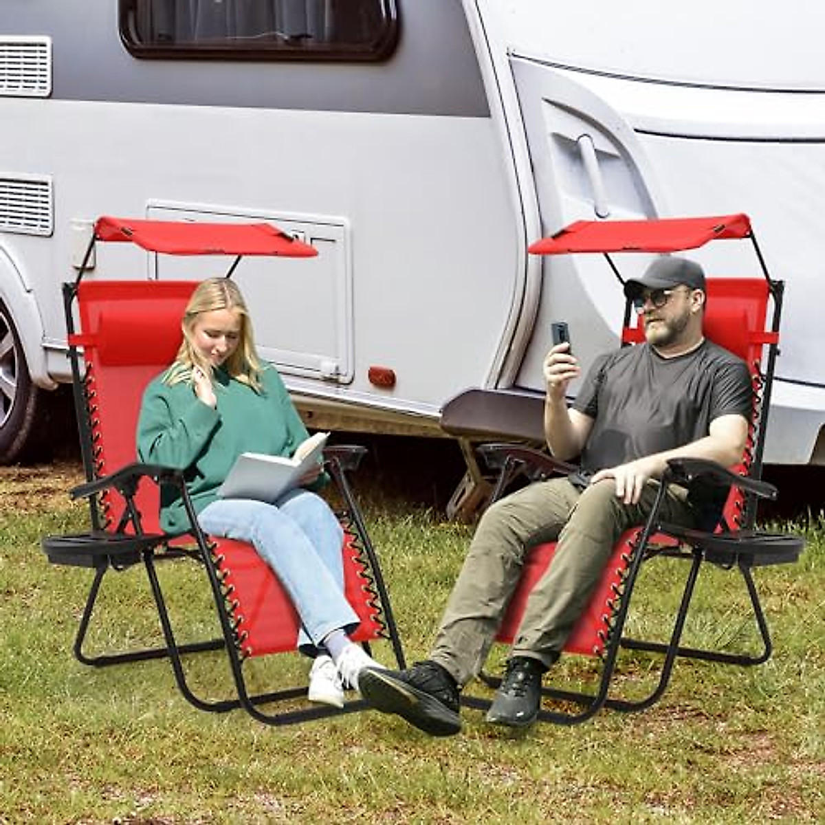 Magshion Zero Gravity Chair with Canopy Set of 2, Reclining Outdoor Patio Lounge Chair, Folding Anti Gravity Recliner, Portable Lounger with Removable Cup Holder Side Tray and Pillow Headrest (Red)