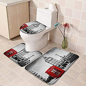 Women Trend 3 Piece Bath Rugs Set Non-Slip Bathroom Mats Absorbent Contour Soft Mat Toilet Lid Cover Bathroom Decor Set- Big Ben and Red Phone Booth in London 18"x30"+14"x18"+15"x18"