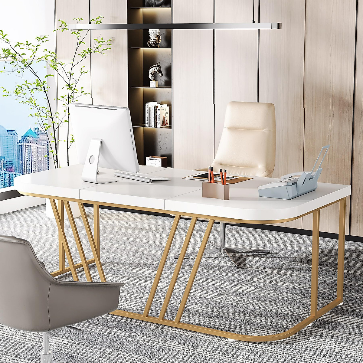 Tribesigns 63" Executive Desk, Large Home Office Desk with Metal Frame, Modern Wood Study Writing Computer Desk Conference Table for Home Office, White & Gold