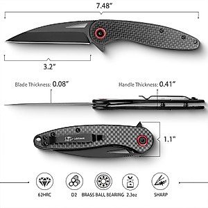 LOTHAR Seagull EDC Pocket Knife, Carbon Fiber Handle and 3" D2 Knife Blade, Ultra Light 2.2oz, Slim Pocket Knife, Small Folding Utility Knife Mini Box Cutter for Men Women, Flipper Knife with Pocket Clip