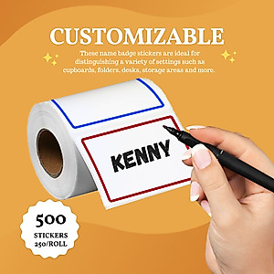 Office Werks 500 Name Badge Stickers with Color Border, 2 Rolls of 250, Multipurpose, Self-Adhesive and Easy to Peel Off, Non-Toxic and Odorless - for Classroom, Office and Home