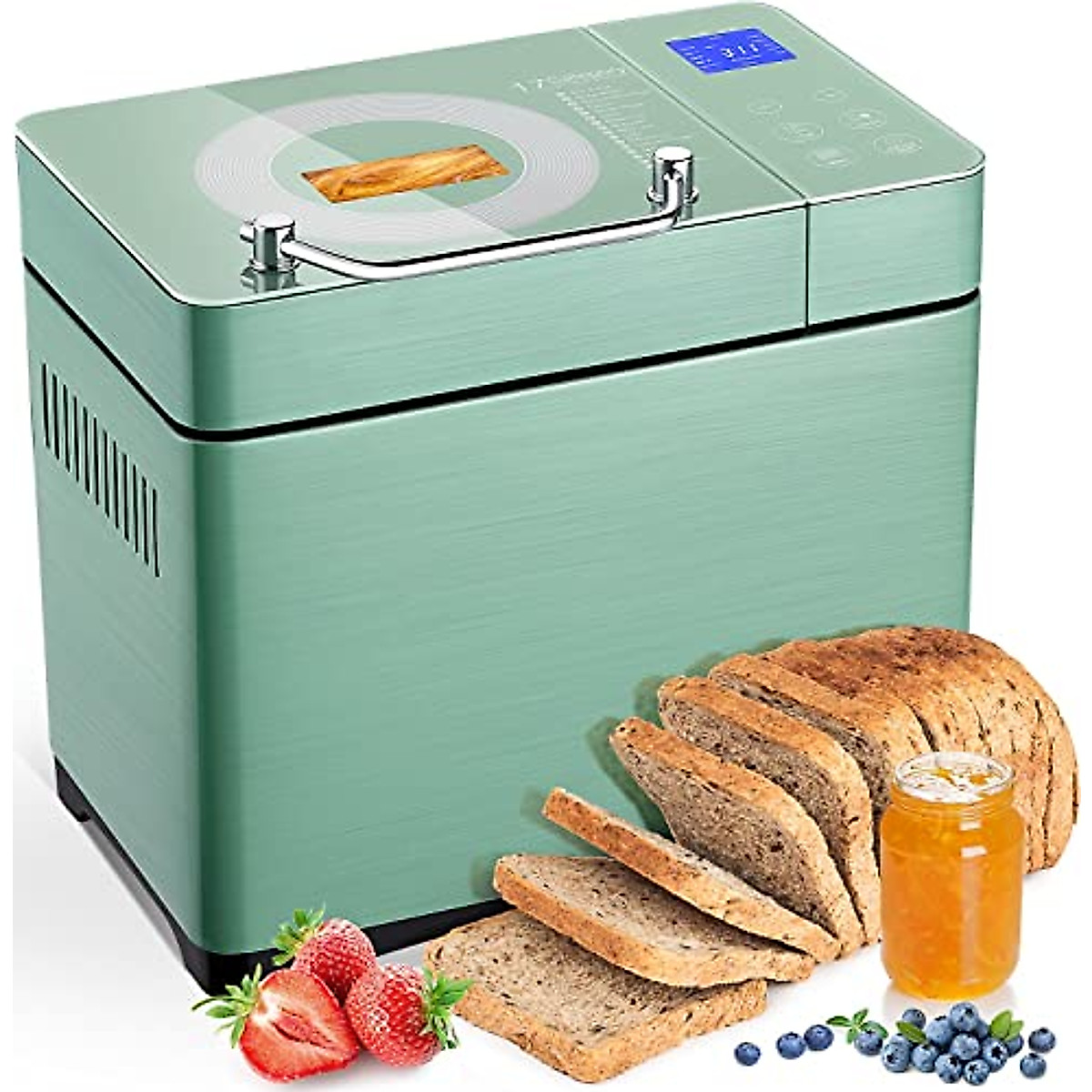 KEEPEEZ 2.2LB Large Bread Maker Machine-Dual Heaters, 17-in-1 Breadmaker with Gluten-Free, Pizza Dough, Jam, Auto Nut Dispenser,Ceramic Pan&Touch Panel, 3 Loaf Sizes 3 Crust Colors,15H Timer,Recipes