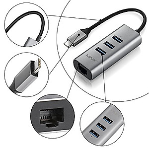 MINIX NEO-C-UEGR, Aluminium USB-C to 3-Port USB 3.0 and Gigabit Ethernet Adapter - for Windows, Mac and Chrome OS, Grey