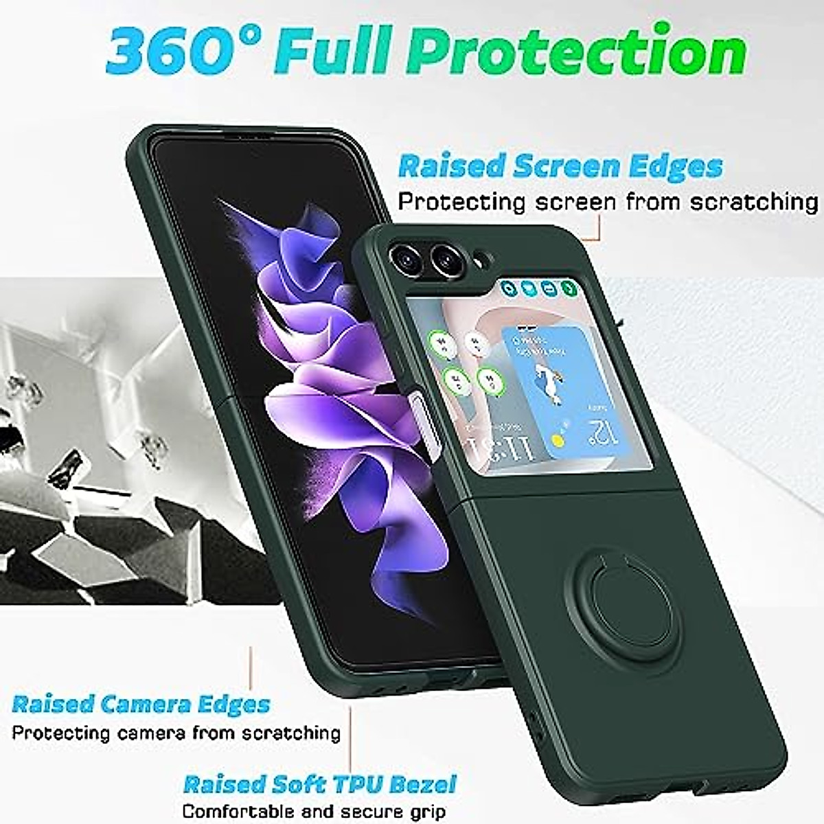Hongxinyu for Samsung Galaxy Z Flip5 5G 2023 Case,Slim Liquid Silicone Couple Ring Kickstand Soft Anti-Scratch Microfiber Lining Protection Bumper Case for Galaxy Z Flip5 (Army Green)