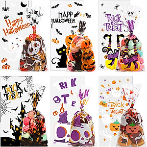 DIYASY 180 Pack Halloween Cellophane Treat Bags, Plastic Goodie Candy Bag for Kids Clear Goody Snack Bags Bulk Party Favors with 210 Twist Ties
