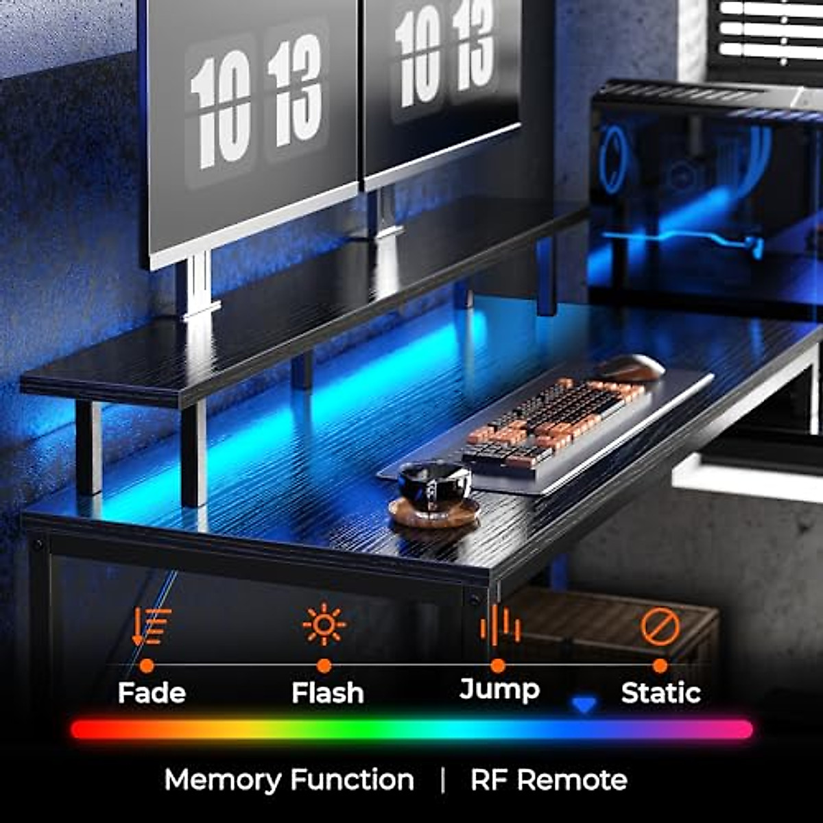 Huuger Reversible L Shaped Computer Desk with Drawers, Gaming Desk with LED Lights and Power Outlets, Office Desk with Storage Shelves, for Home & Office, Black